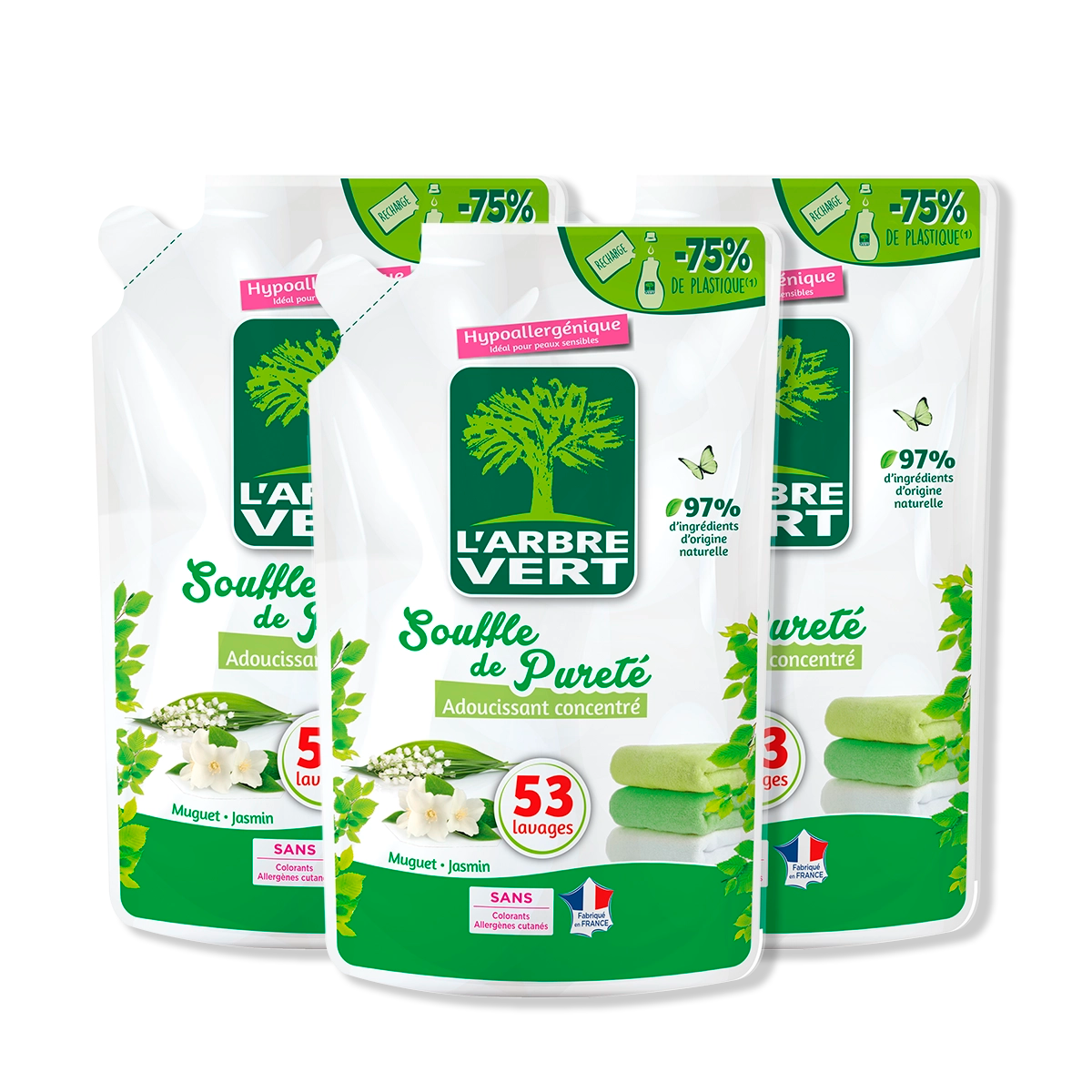 Lot de 3 recharges adoucissant souffle de pureté 3 x 800 mL – L'Arbre Vert