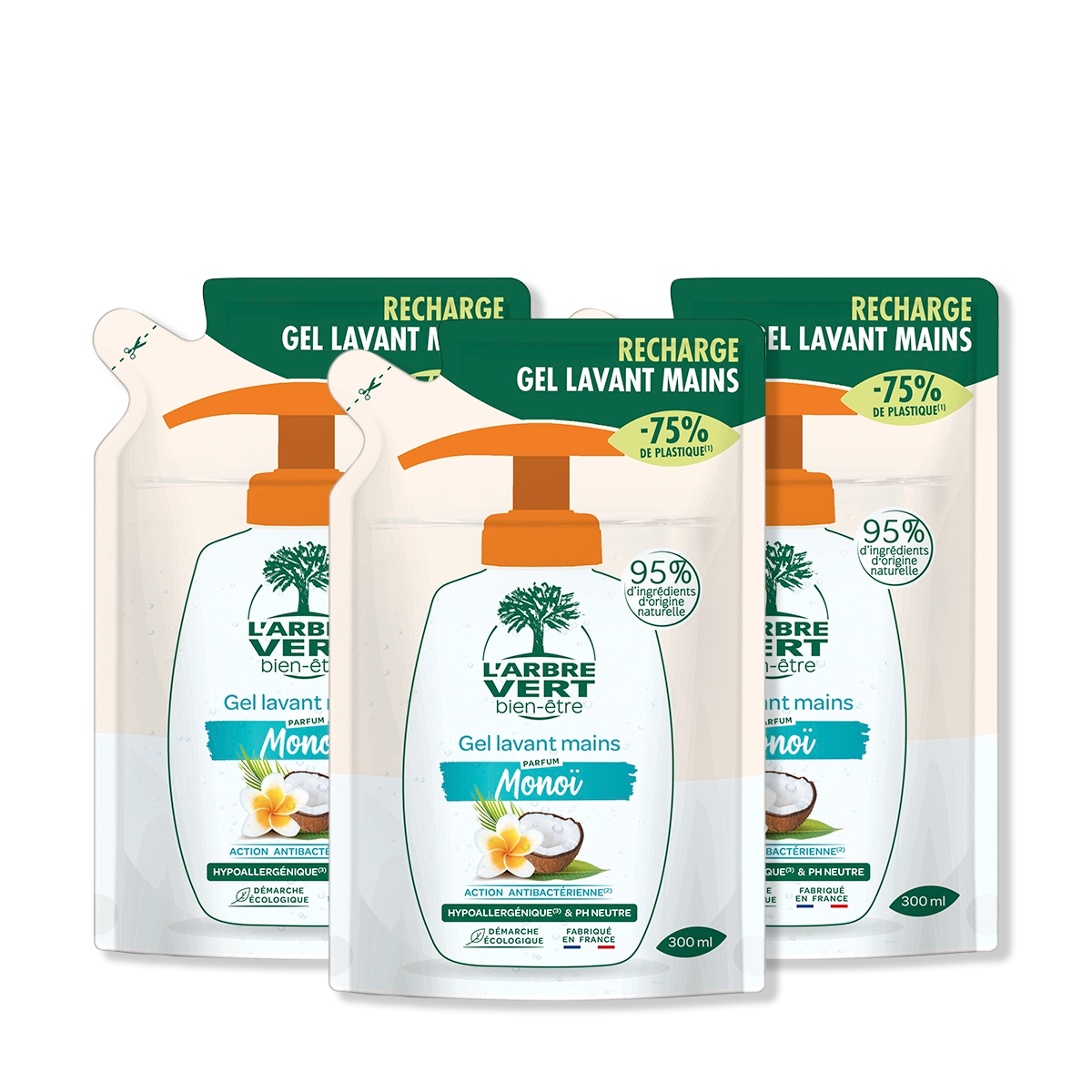 Lot de 3 recharges gel lavant mains Monoï 3 x 300 mL – L'Arbre Vert