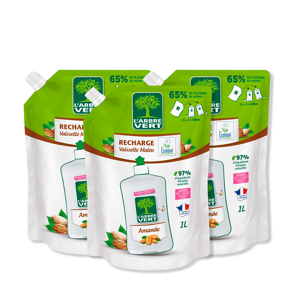 Lot de 3 recharges liquide vaisselle Parfum Amande 3 x 1L – L'Arbre Vert